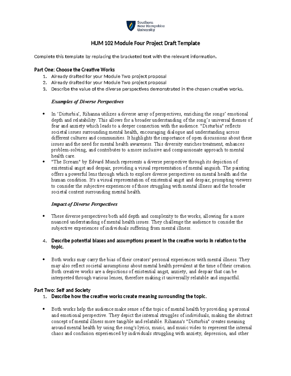 HUM 102 Module Four Project Draft: Diverse Perspectives on Mental ...