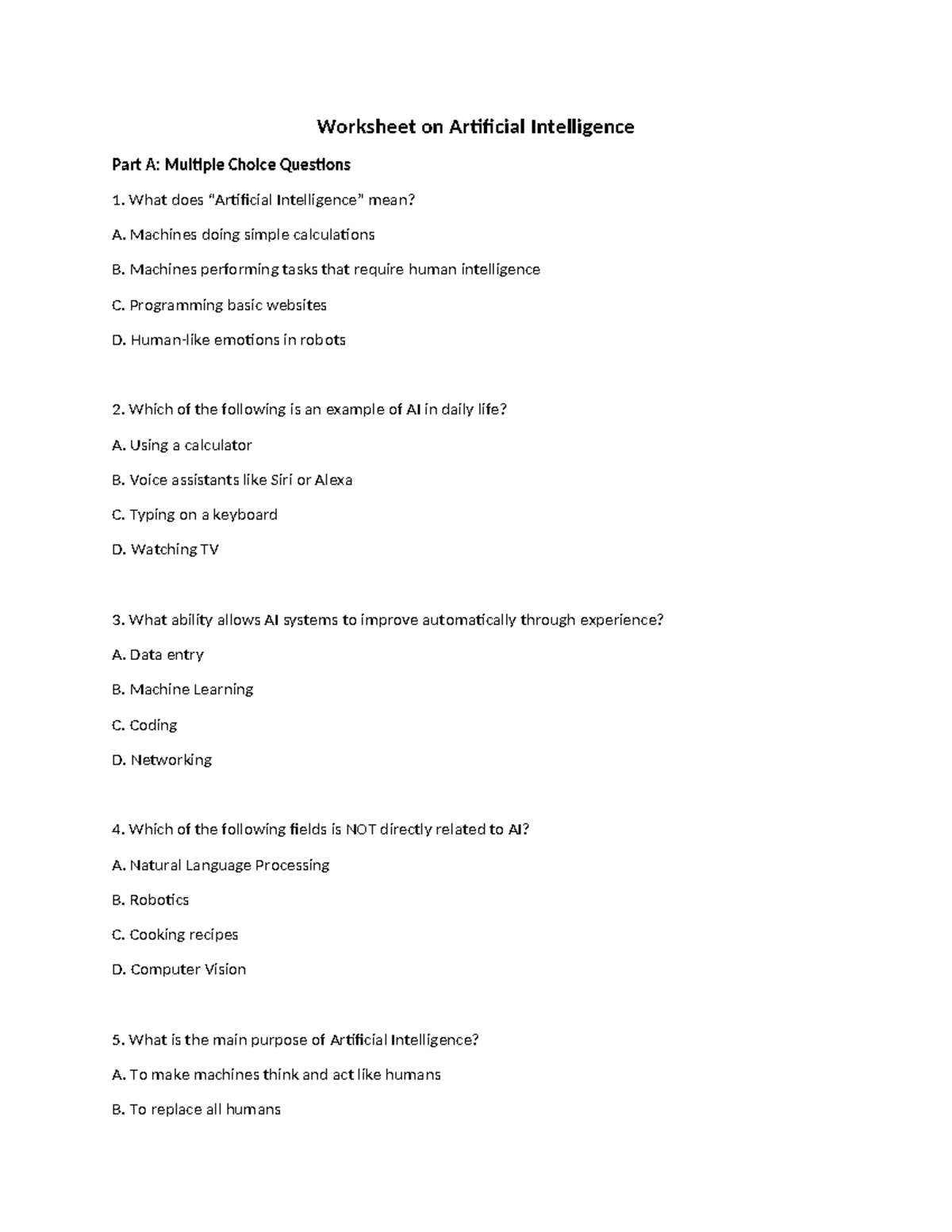 AI Worksheet: Multiple Choice Questions on AI Concepts - Studocu
