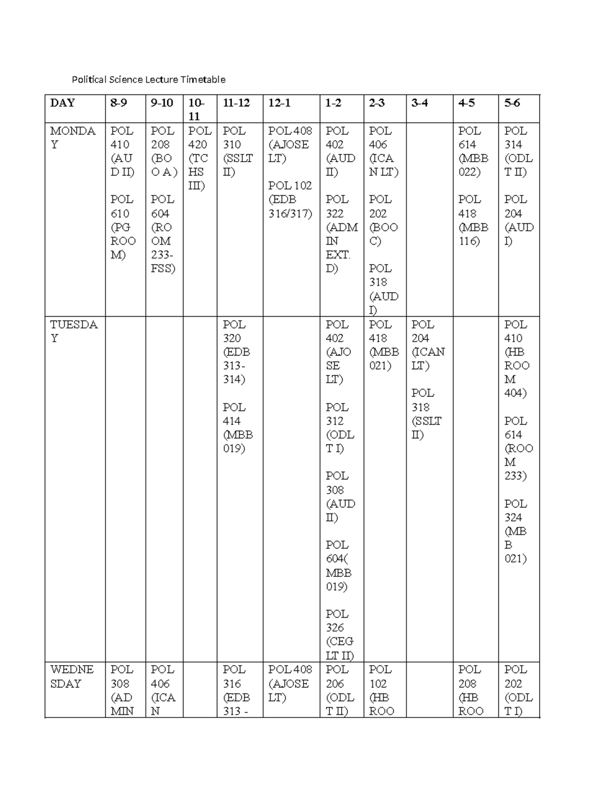 Political Science Lecture Timetable - POL 410, POL 610, POL 604, POL ...