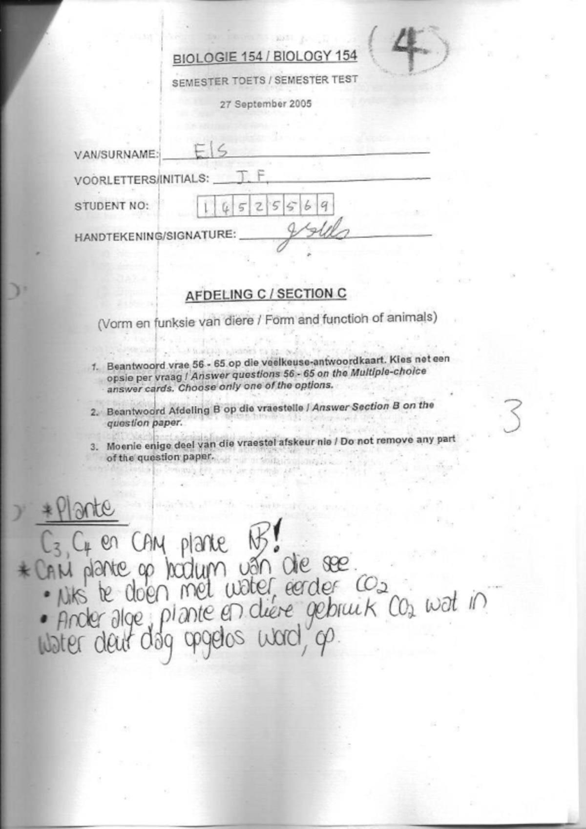 BIOLOGIE 154 / SEMESTER TOETS 27 September 2005 - Vraestel en Antwoorde ...