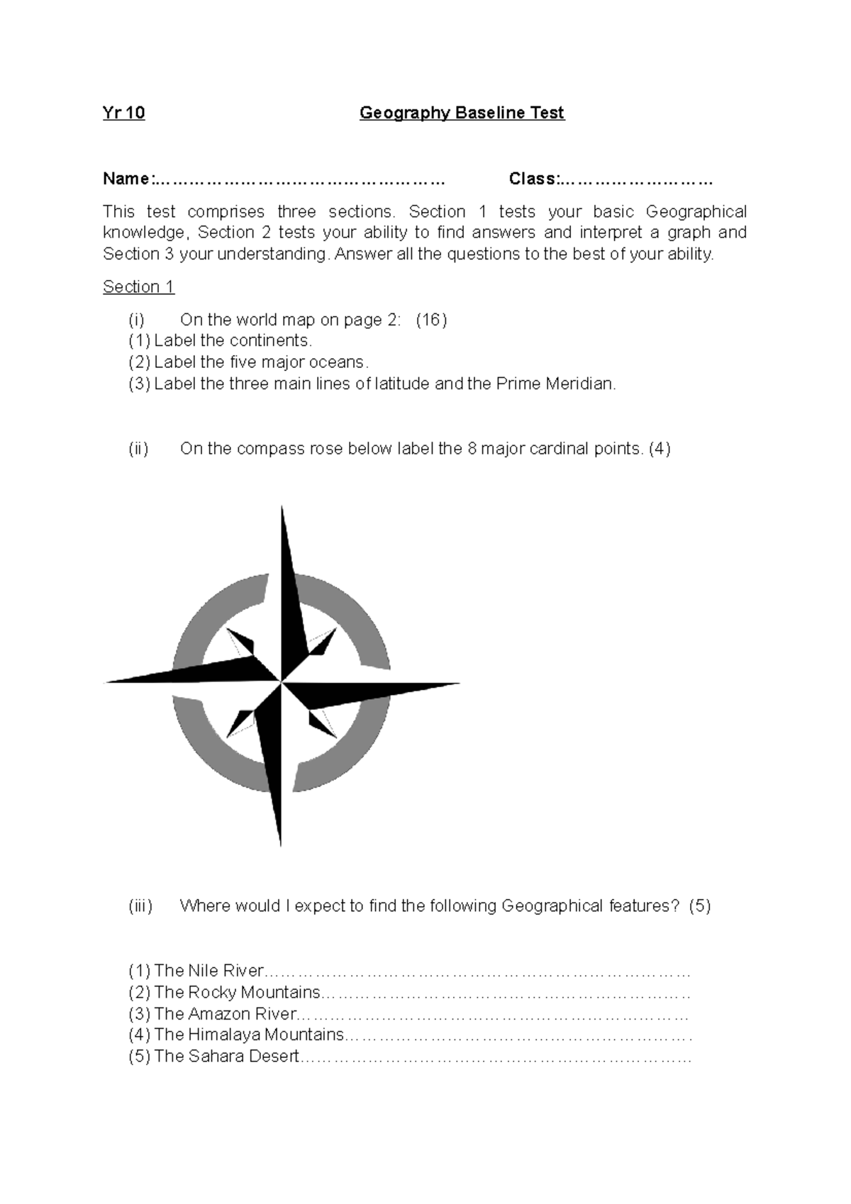 Geography Yr 10 Basic Knowledge Quiz-1: Baseline Test Questions - Studocu