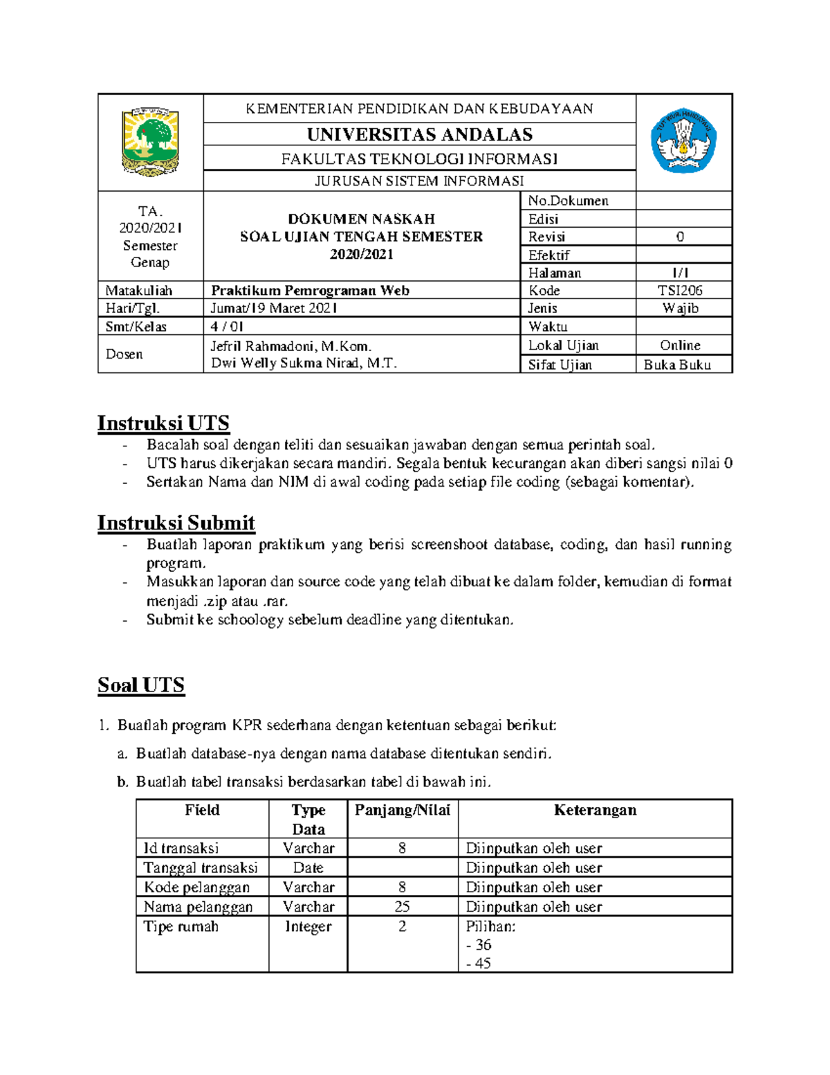 UTS TSI 2021 - Soal Praktikum Pemrograman Web dan Petunjuk Pengumpulan - Studocu
