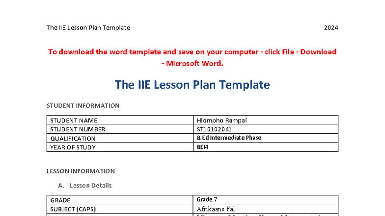 IIE Lesson Plan Template 2024: Grade 7 Afrikaans Idioms Lesson - Studocu
