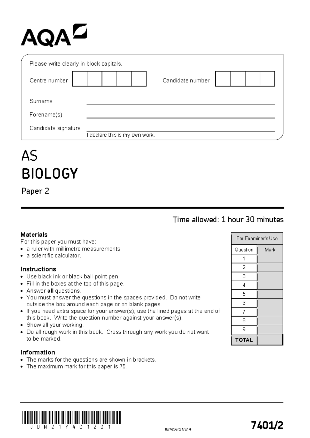 June 2021 AQA AS Biology Paper 2 Question Paper - Studocu