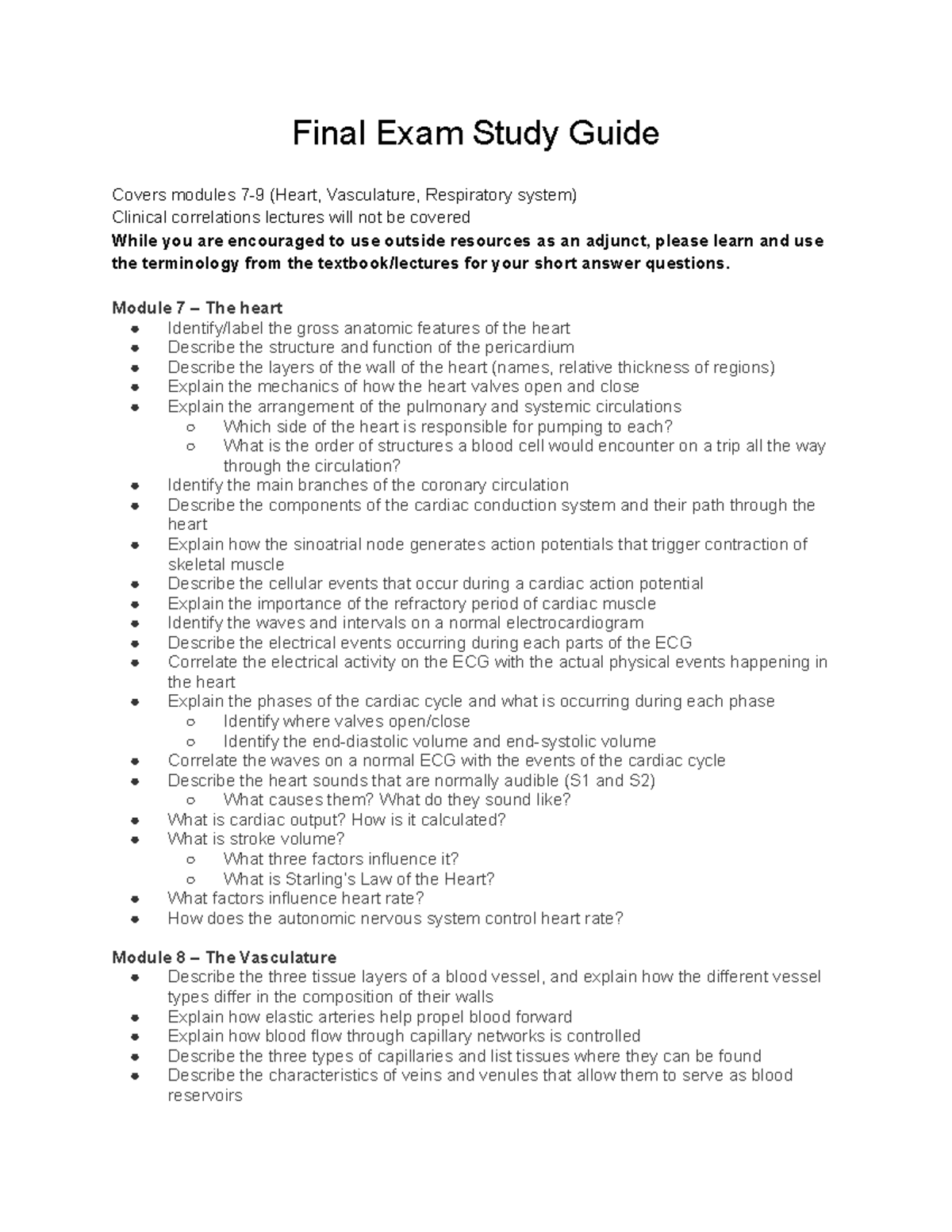 Final Exam Study Guide: Heart, Vasculature, Respiratory System - Studocu