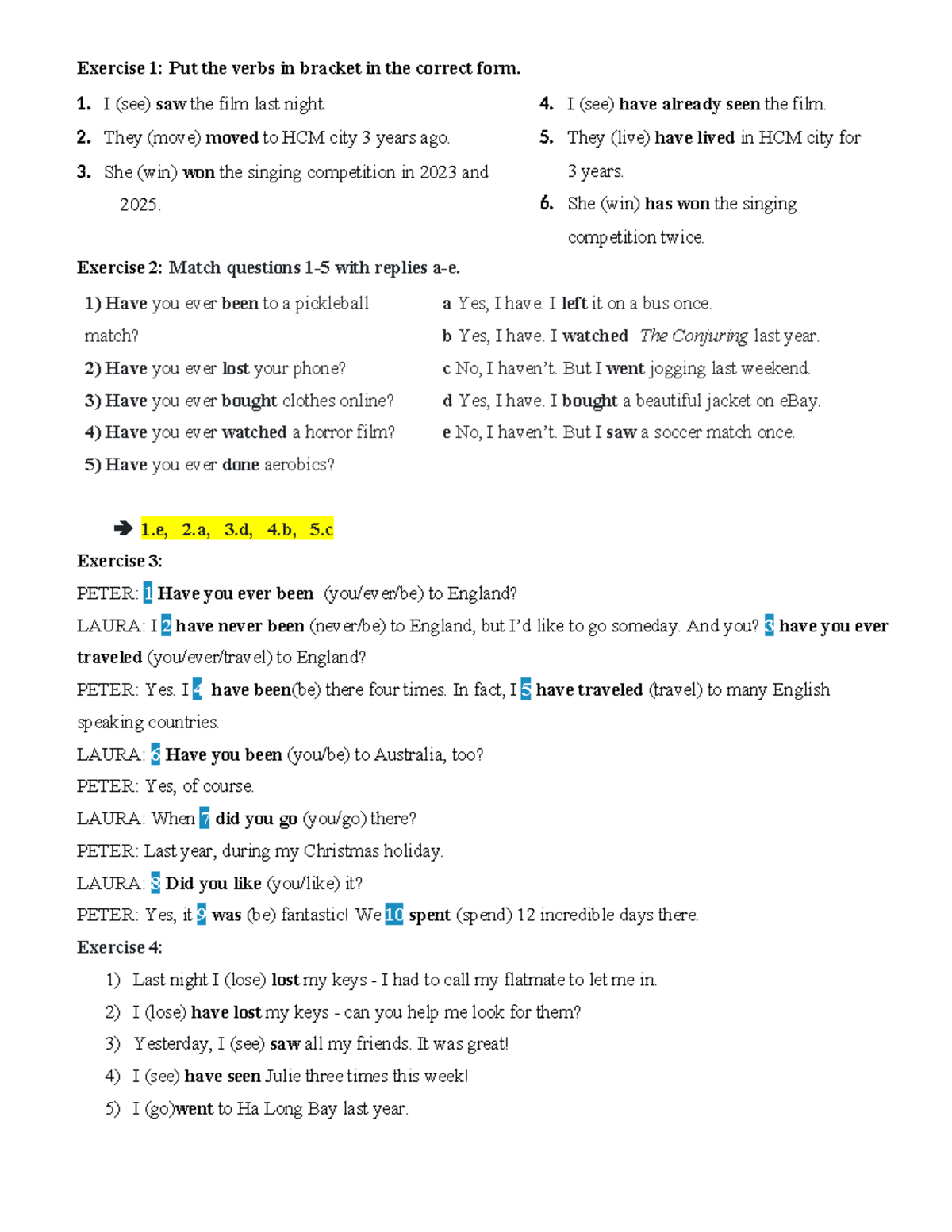 Grammar: Simple Past vs Present Perfect Exercises - Studocu