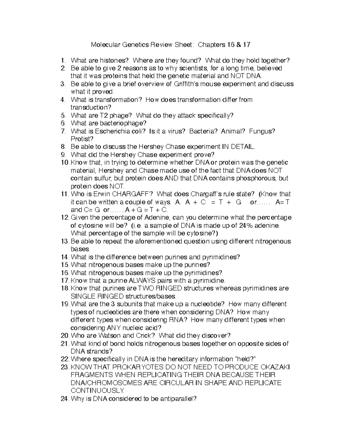 AP Bio Ch 16 & 17 Molecular Genetics Comprehensive Review Sheet - Studocu
