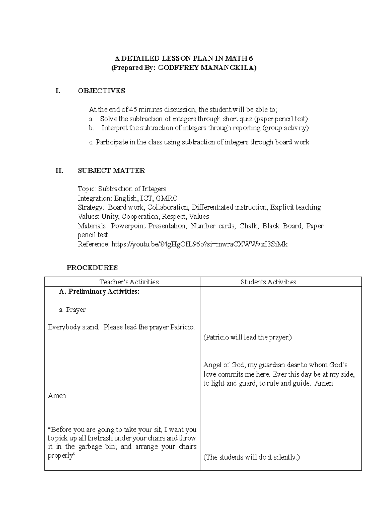 MATH 6 Lesson Plan: Subtraction of Integers Explained - Studocu
