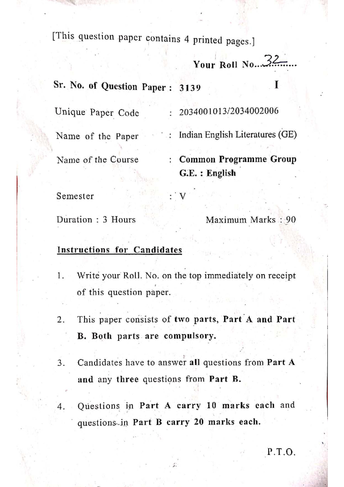 Indian English Literatures (GE) Semester V Question Paper 3139 - Studocu