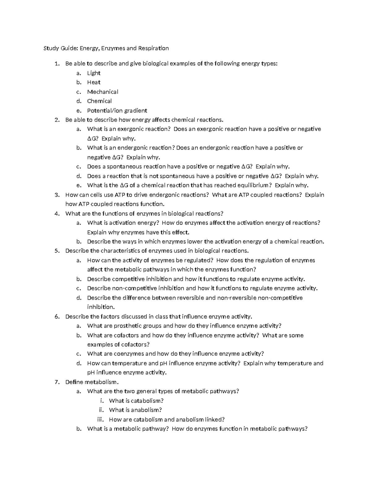 Study Guide: Energy, Enzymes & Respiration (BIO 101) - Studocu
