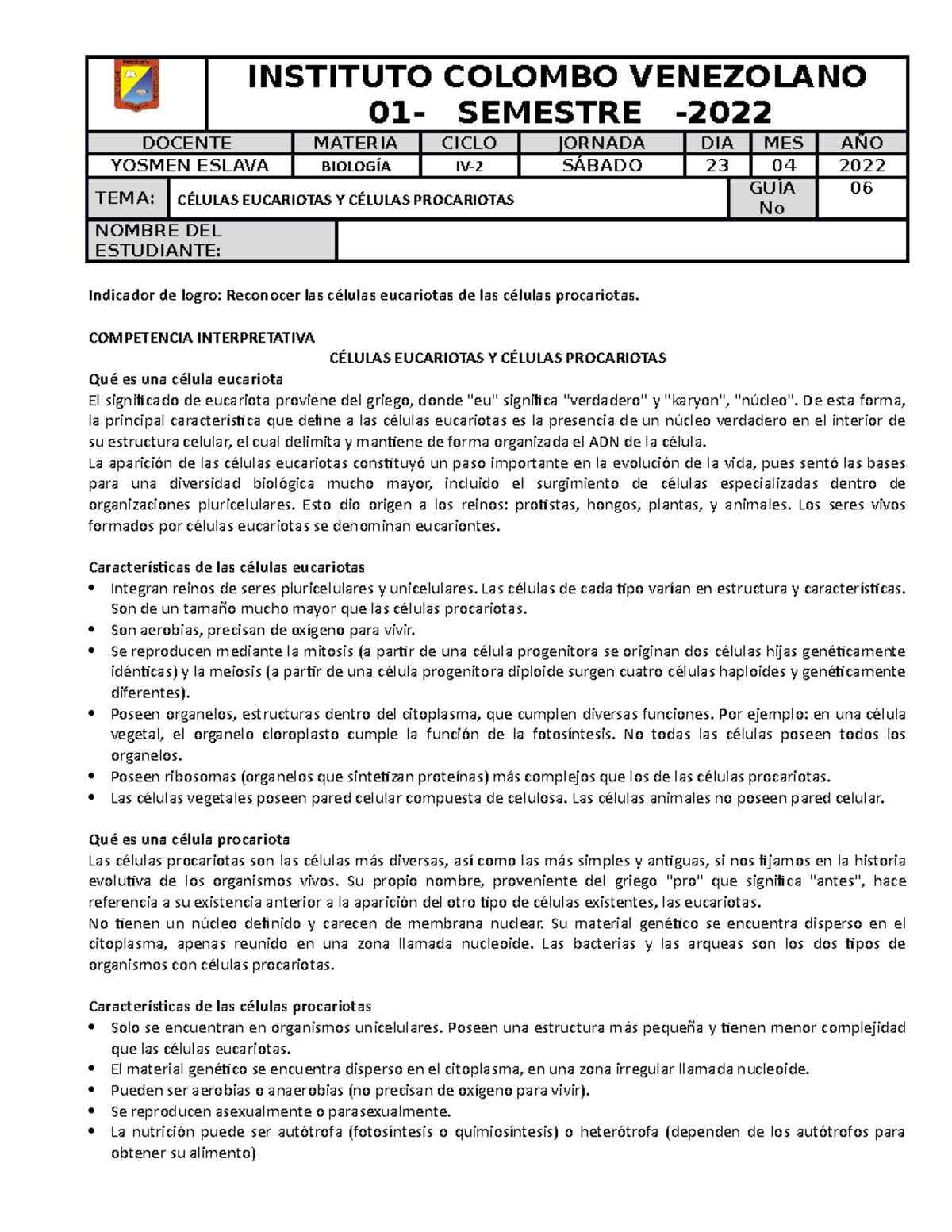 Formato GUIA - Biología (IV-2) 06 - Indicador de logro: Reconocer las ...