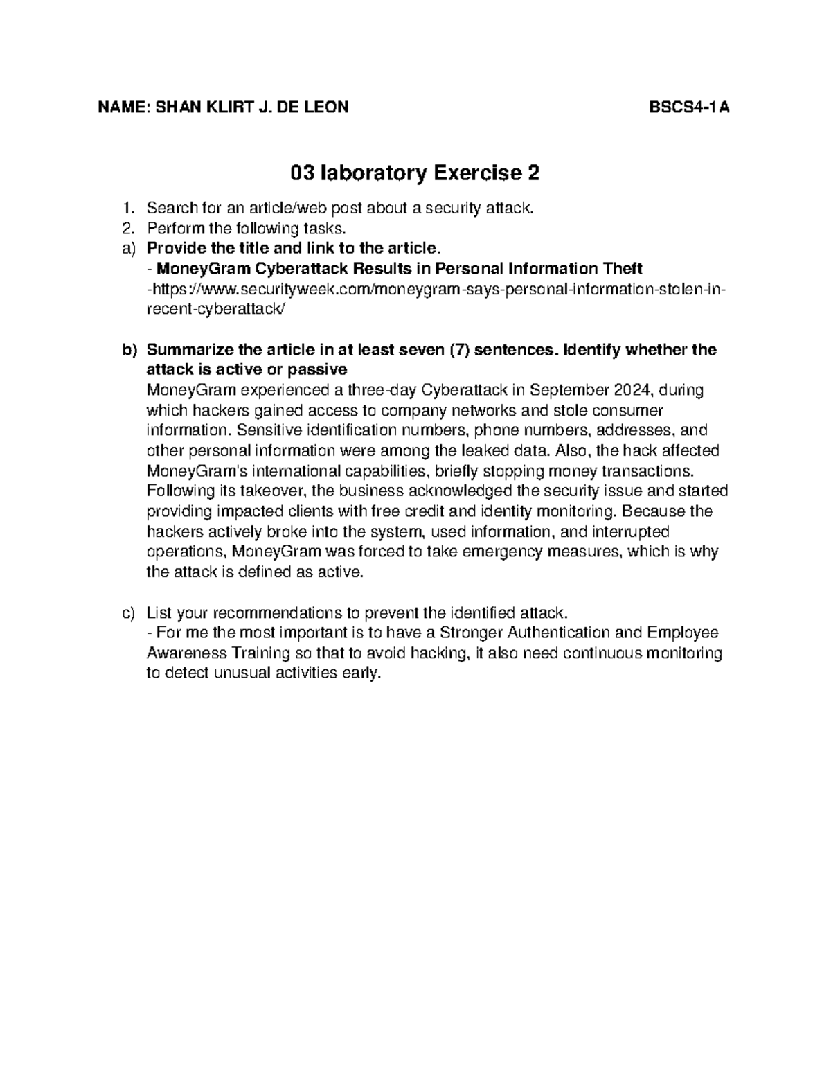 Laboratory Exercise 2: Analyzing MoneyGram Cyberattack BSCS4-1A - Studocu