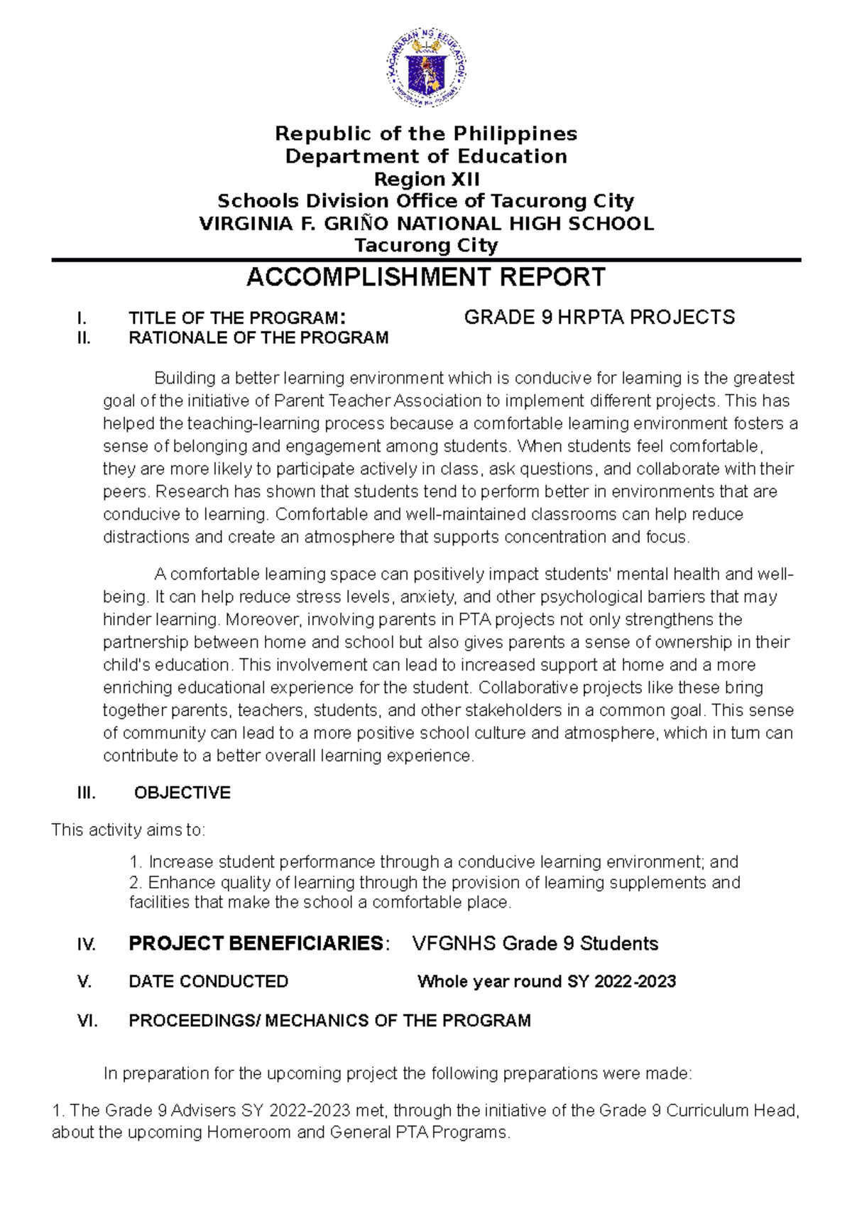 Accomplishment Report on Grade 9 HRPTA Projects SY 2022-2023 - Studocu