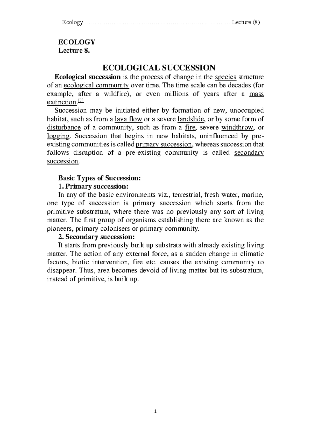 Ecological succesion - Lectures notes - ECOLOGY Lecture 8. ECOLOGICAL ...