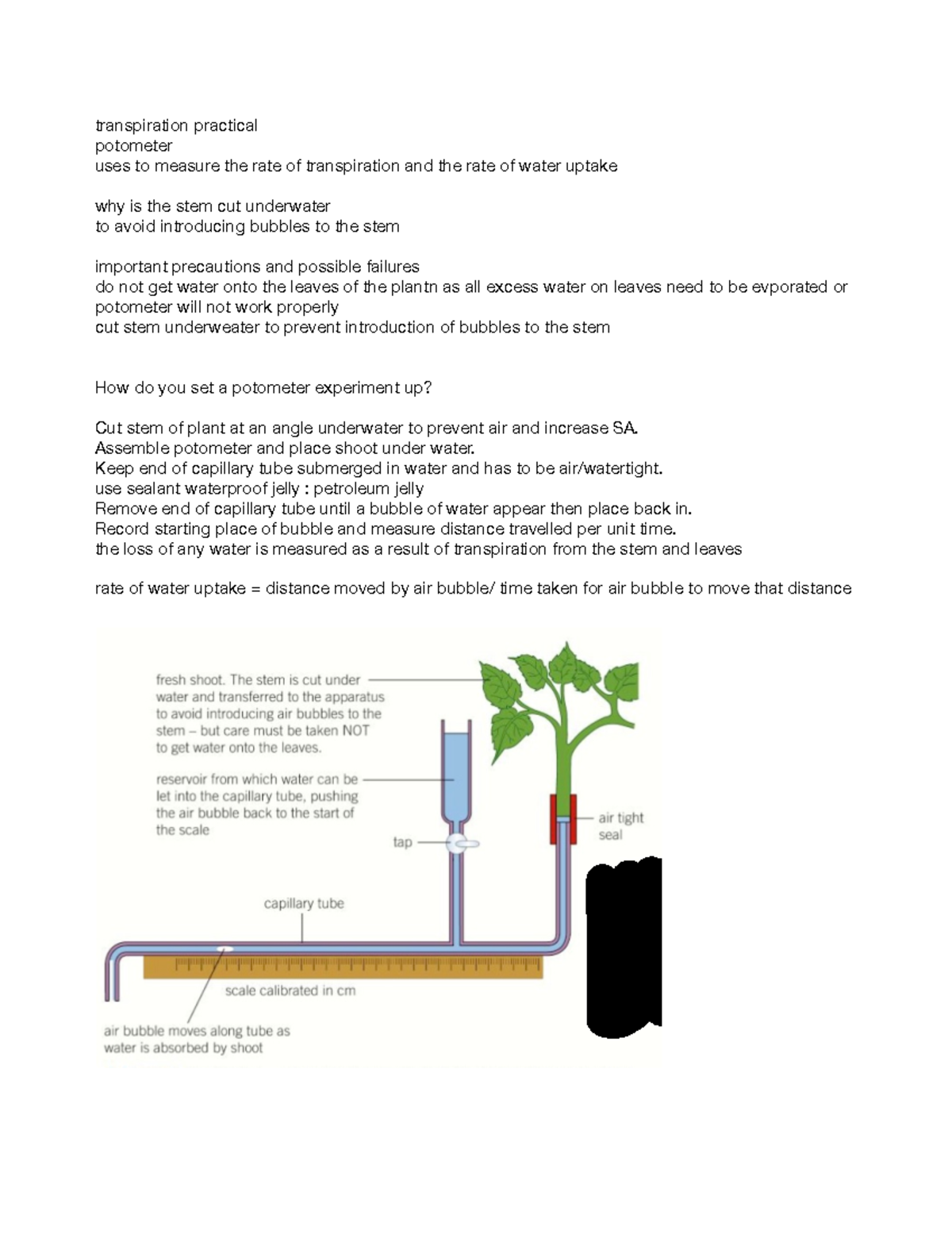 Biology 11 - Transpiration Practical Notes on Potometer Setup - Studocu