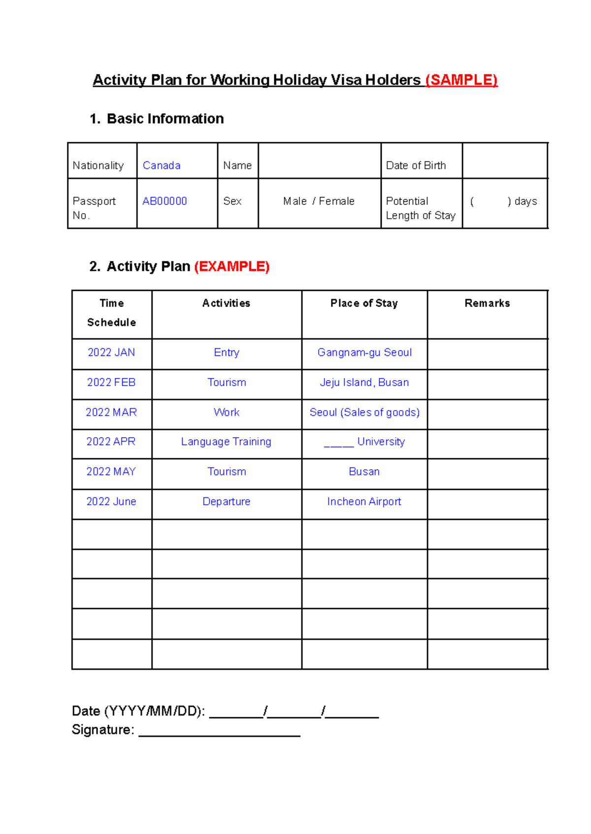 (Sample) Activity Plan for Working Holiday Visa Holders - Activity Plan ...