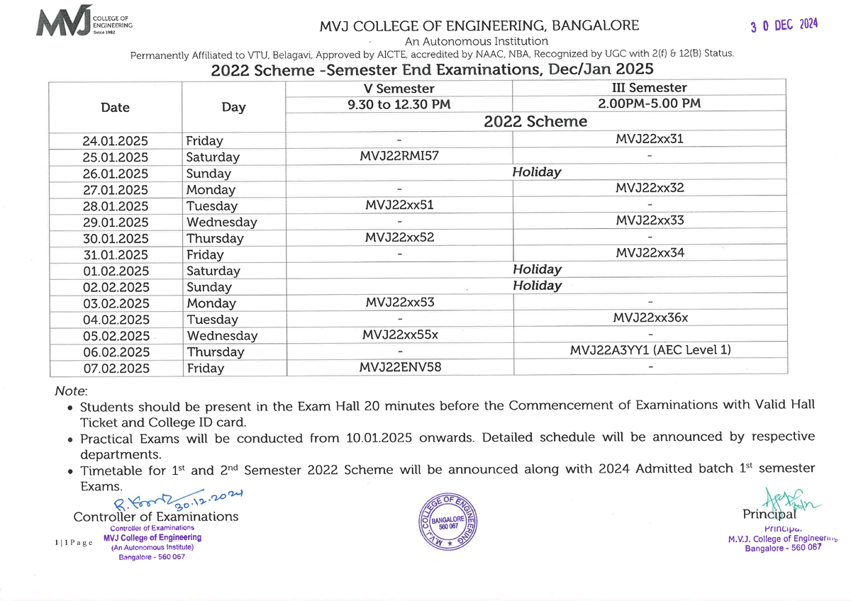 2022 Scheme SEE Time Table Dec Jan 2025 - MVJ COLLEGE OF ENGINEERING ...