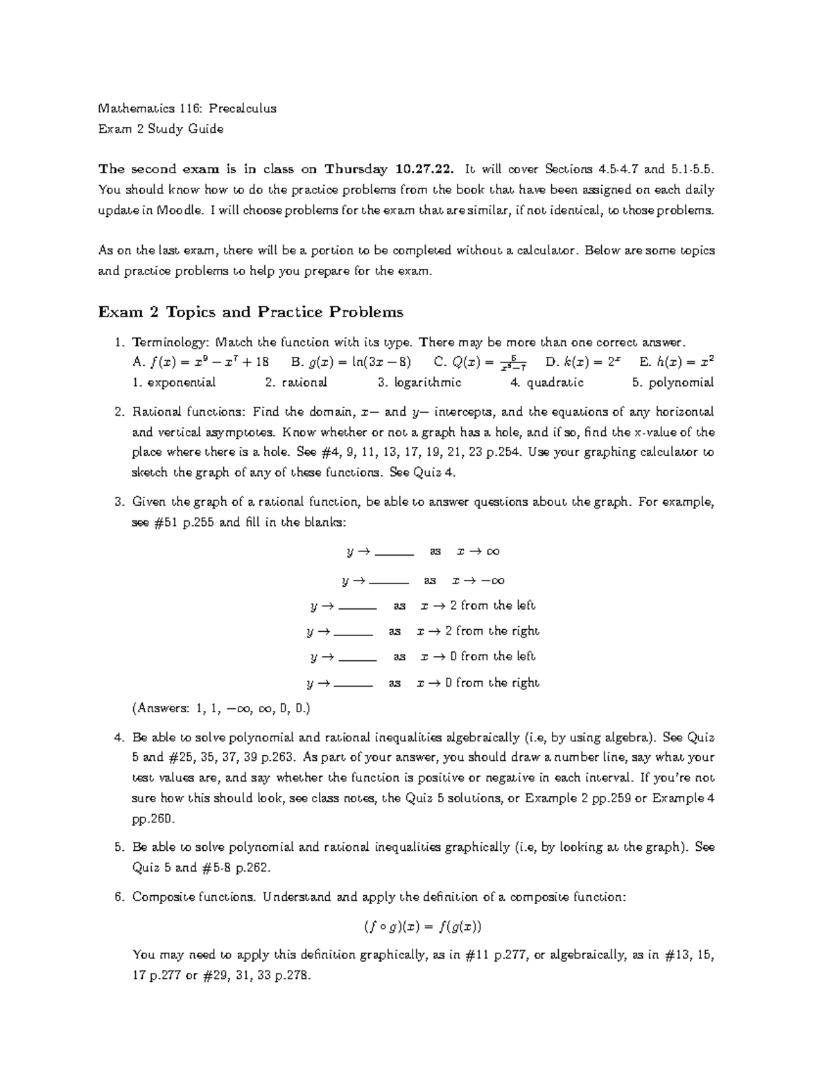 Mathematics 116: Precalculus Exam 2 Study Guide - Studocu