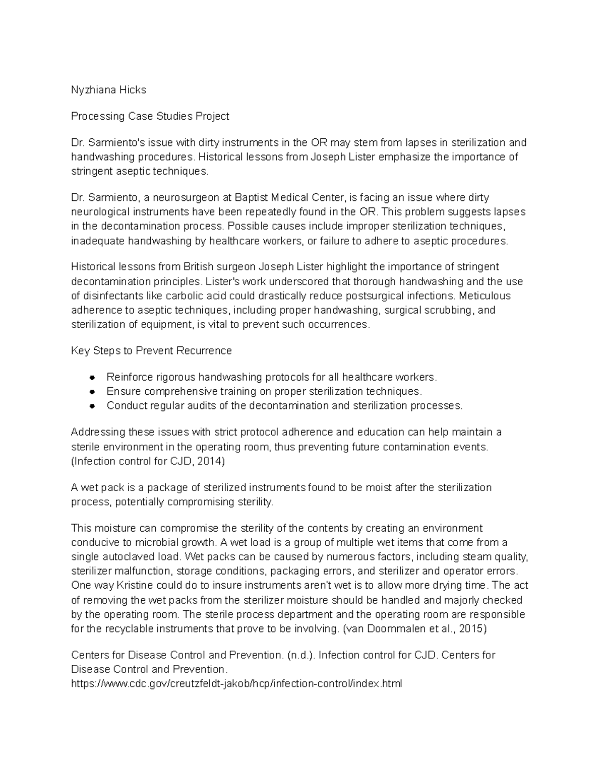 Hc Case Study: Addressing Sterilization Issues in the OR - Studocu