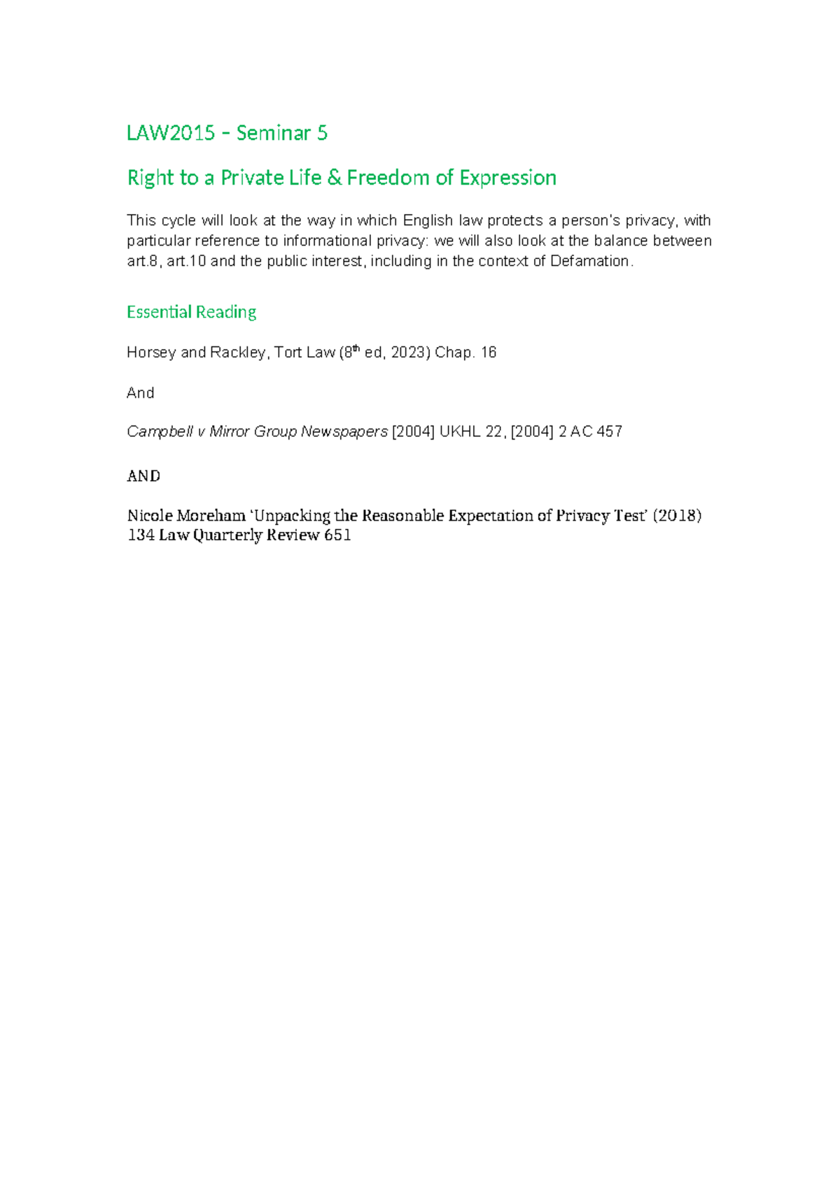 LAW2015 Seminar 5: Privacy, ECHR & Balancing Rights in UK Law - Studocu
