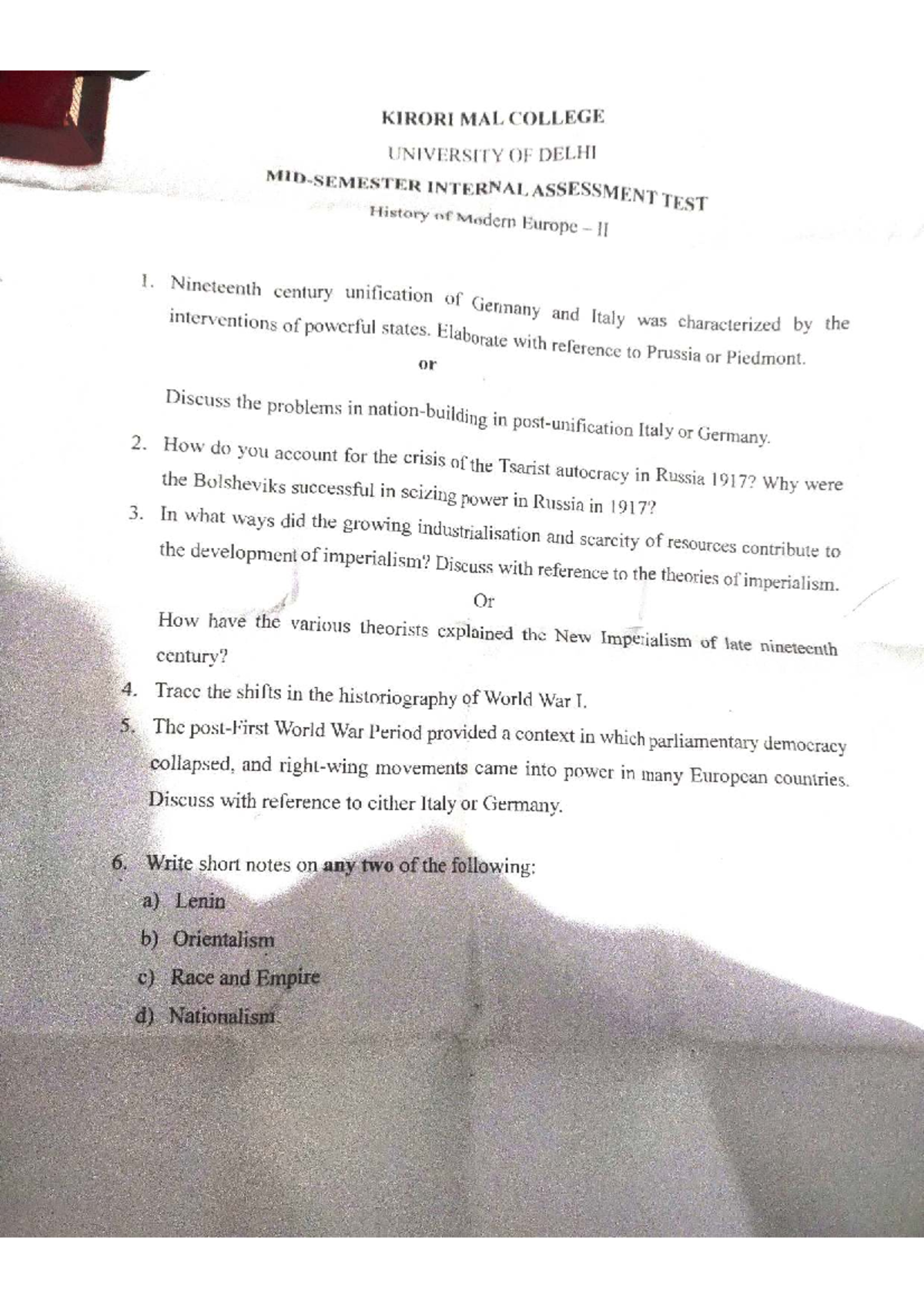 KMC-DELHI HIS-202: Mid-Sem Internal Assessment on Modern Europe II ...
