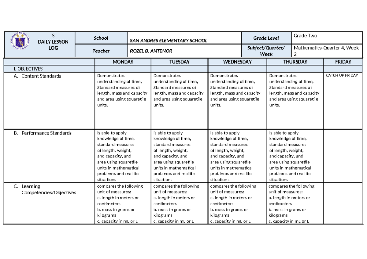 DLL MATH-2 Grade 2 Q4 Weekly Lesson Plan on Measurement Concepts - Studocu