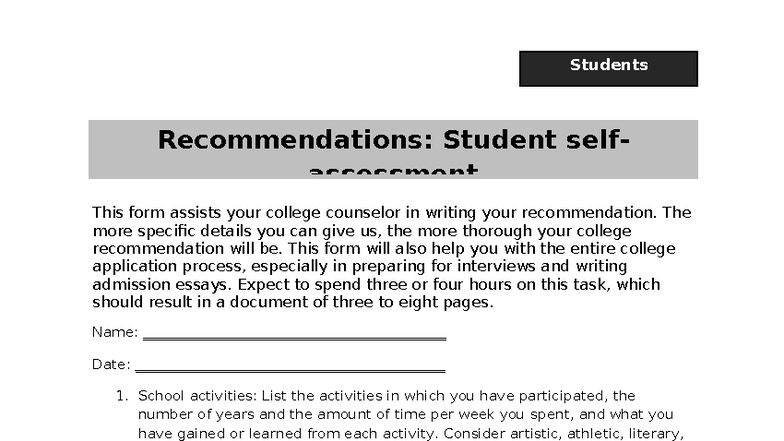 2024 Recommendations: Student Self-Assessment Form - Studocu