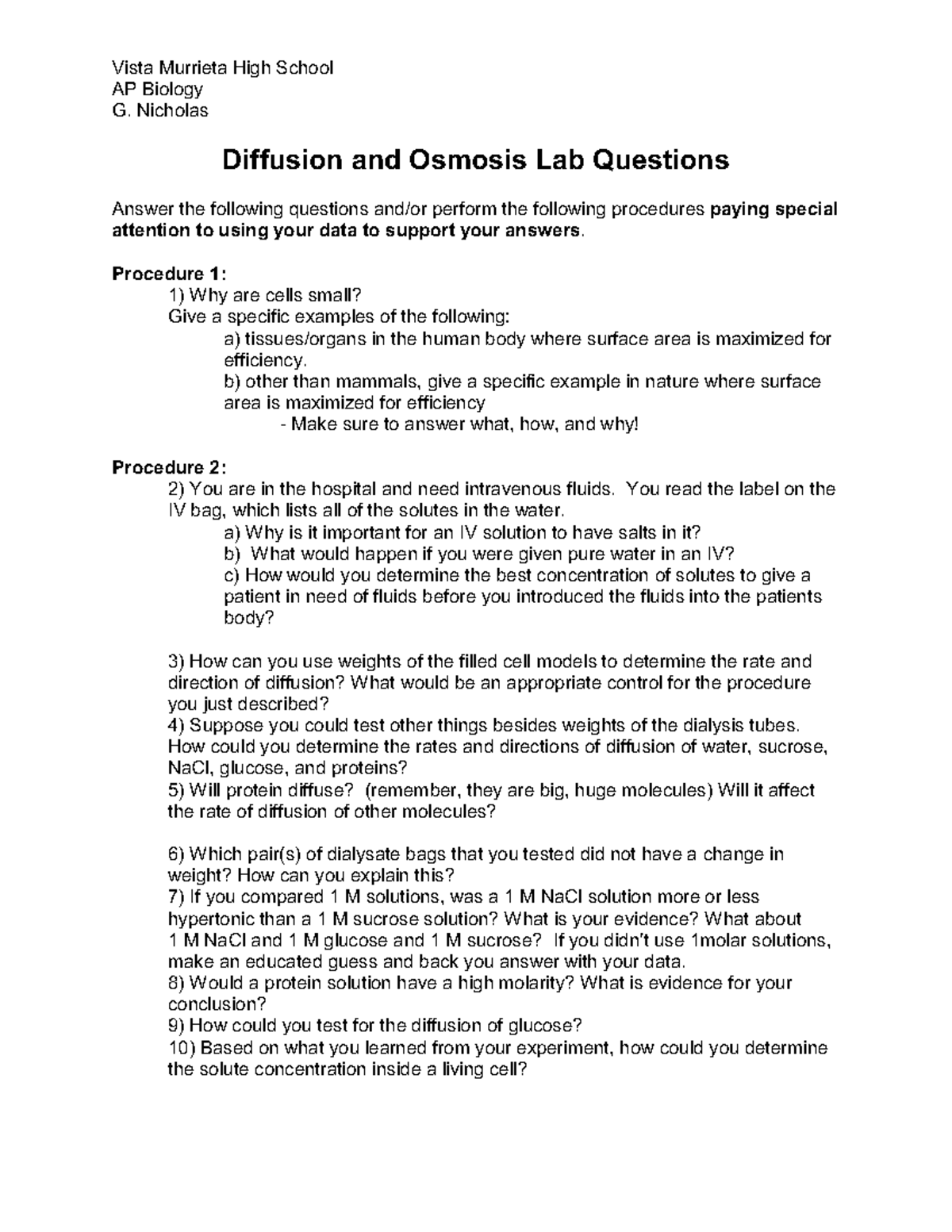 AP Biology - Diffusion and Osmosis Lab Q&A Guide - Studocu