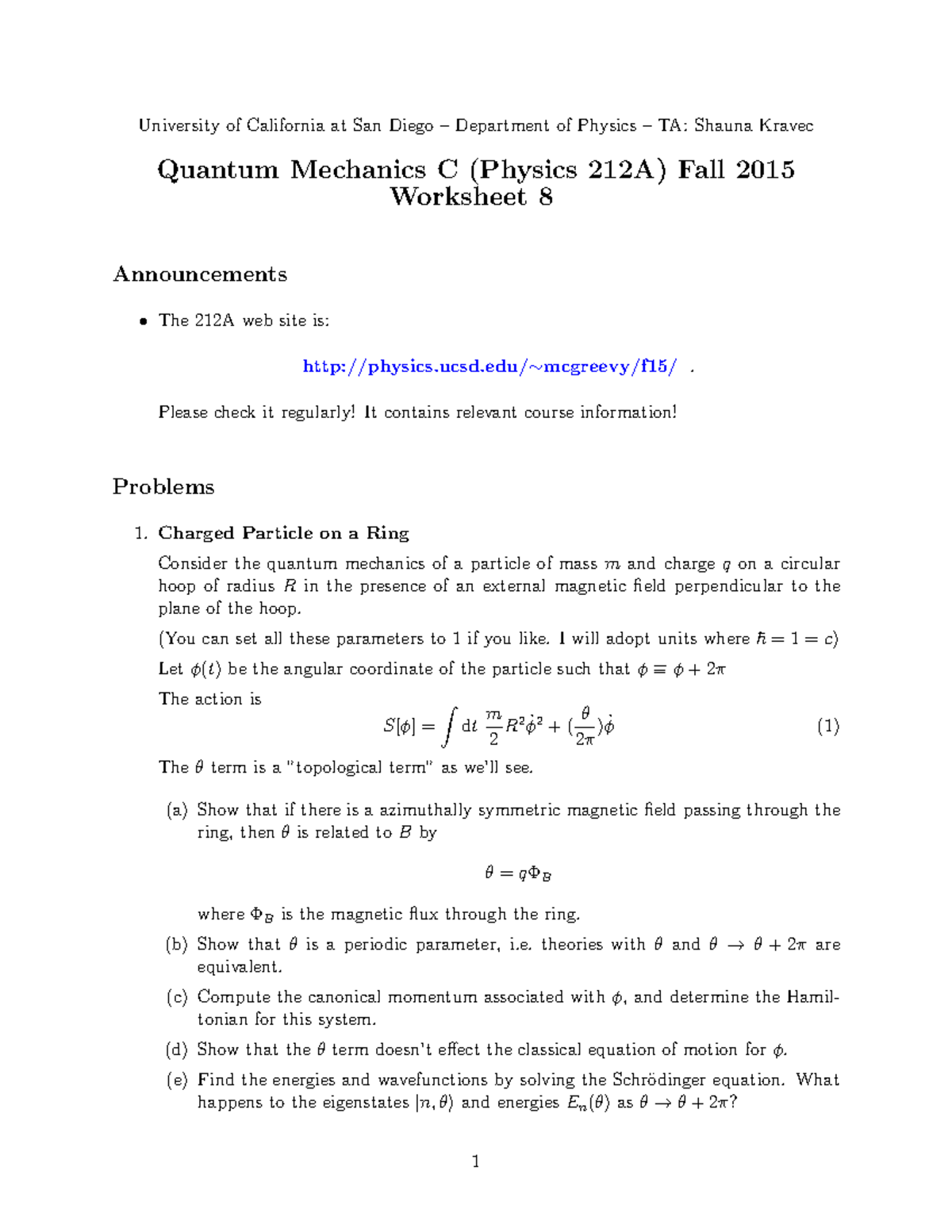 Worksheet 08 : Quantum Mechanics - University of California at San ...