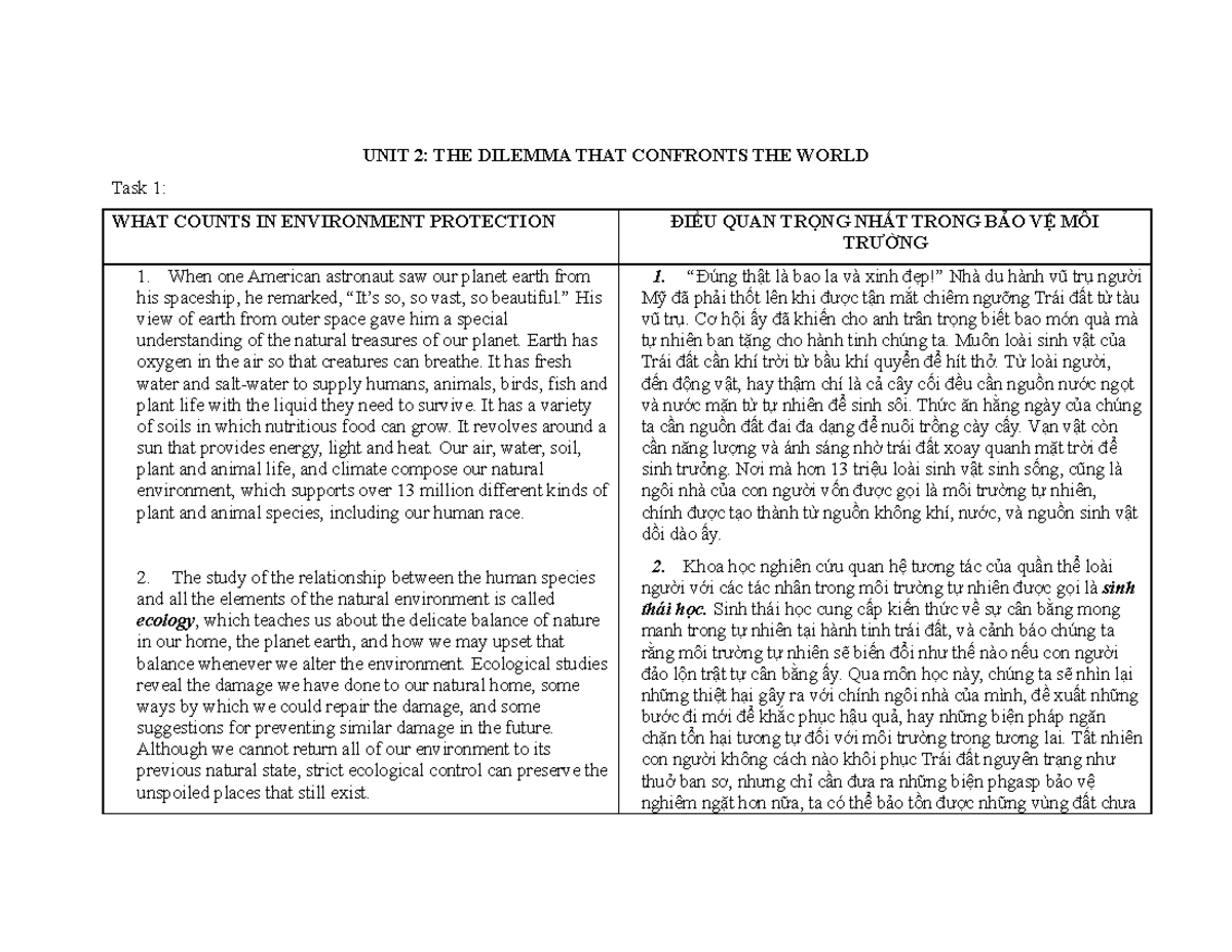 UNIT 2- done - Grade: 8 - UNIT 2: THE DILEMMA THAT CONFRONTS THE WORLD ...