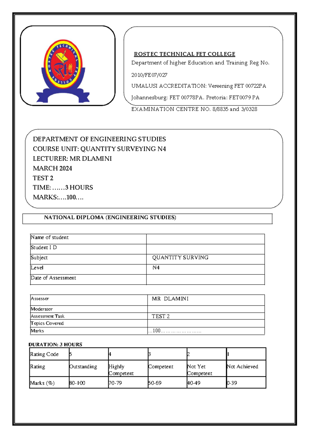 QS N4 TEST 2 - Quantity Surveying Exam Questions Paper - Studocu