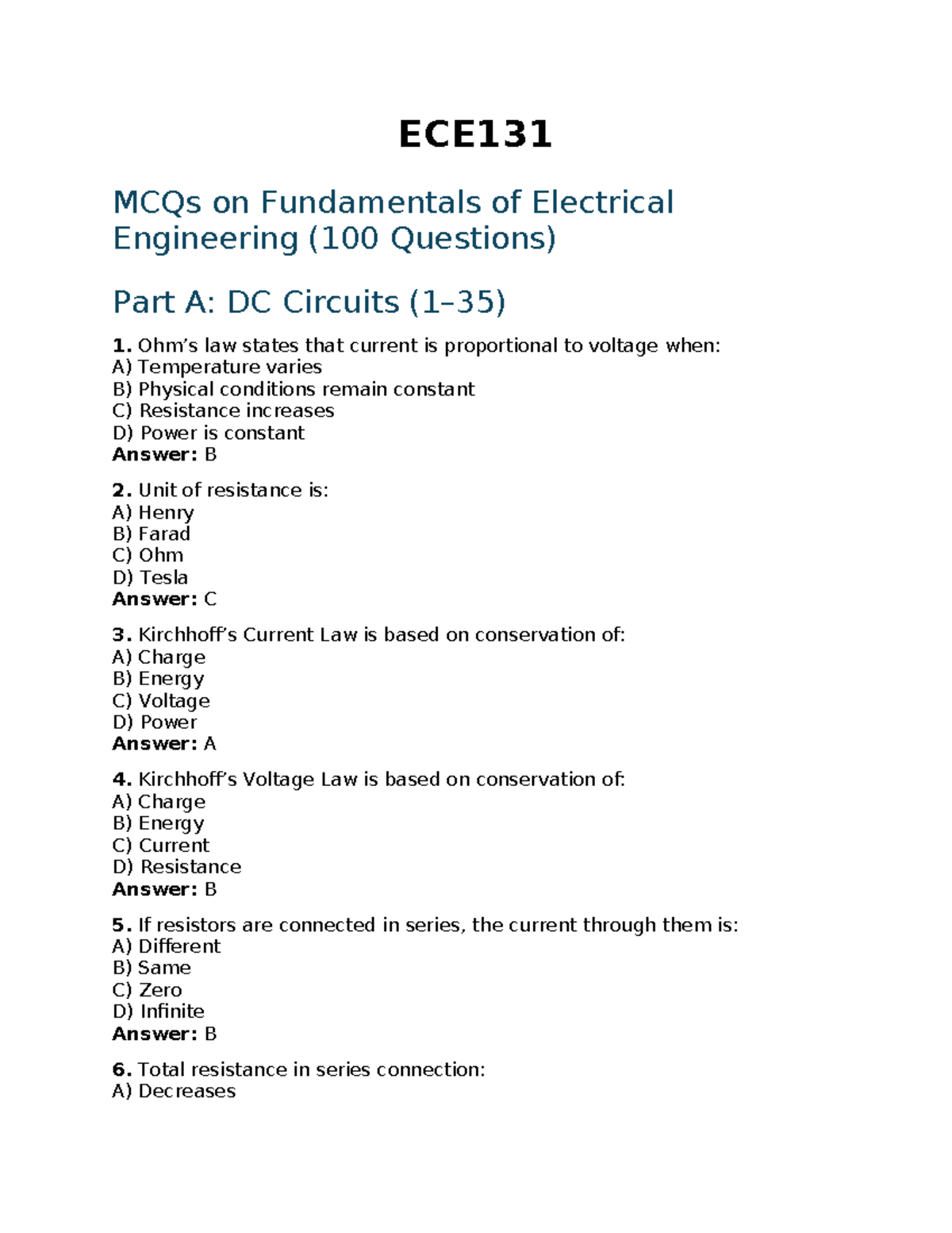 ECE131 MCQs on Fundamentals of Electrical Engineering - Part A & C ...