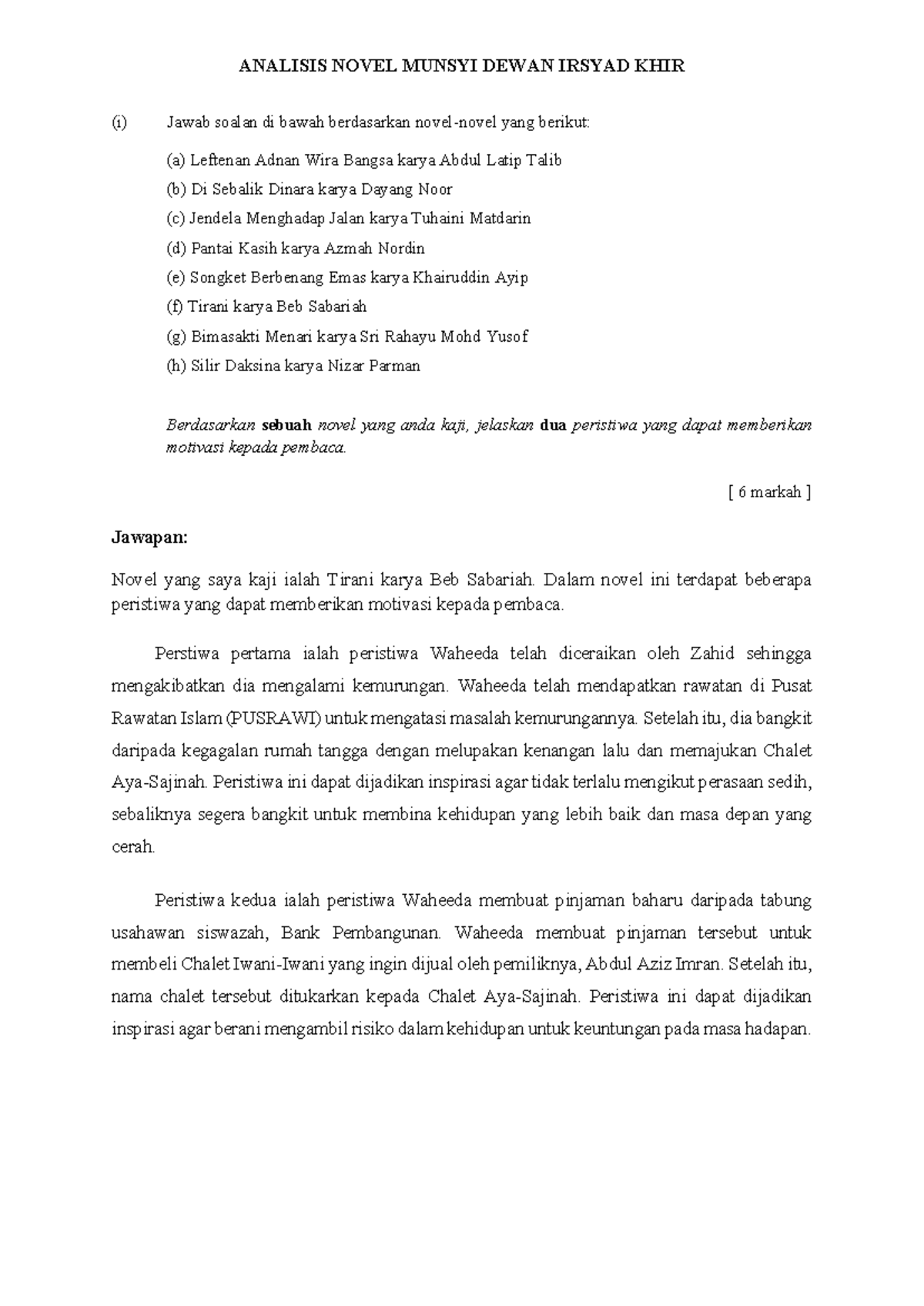 Analisis Novel 'Tirani' dan Peristiwa Inspirasi dalam Kehidupan - Studocu