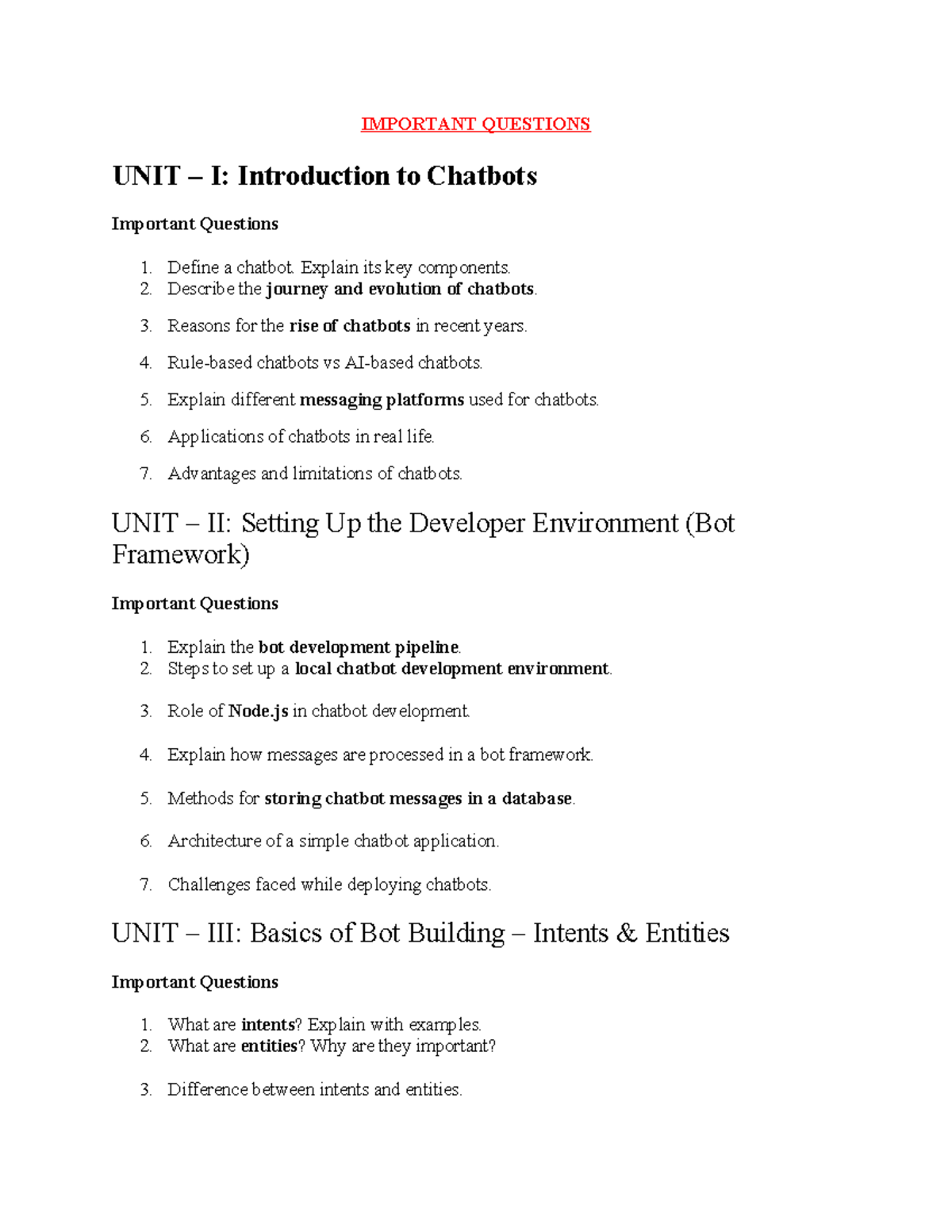 Important Questions for Chatbot Development (CS101) - Studocu
