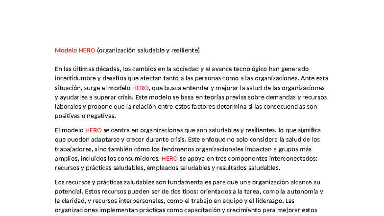 Modelo HERO - Resumen sobre Organización Saludable y Resiliente - Studocu