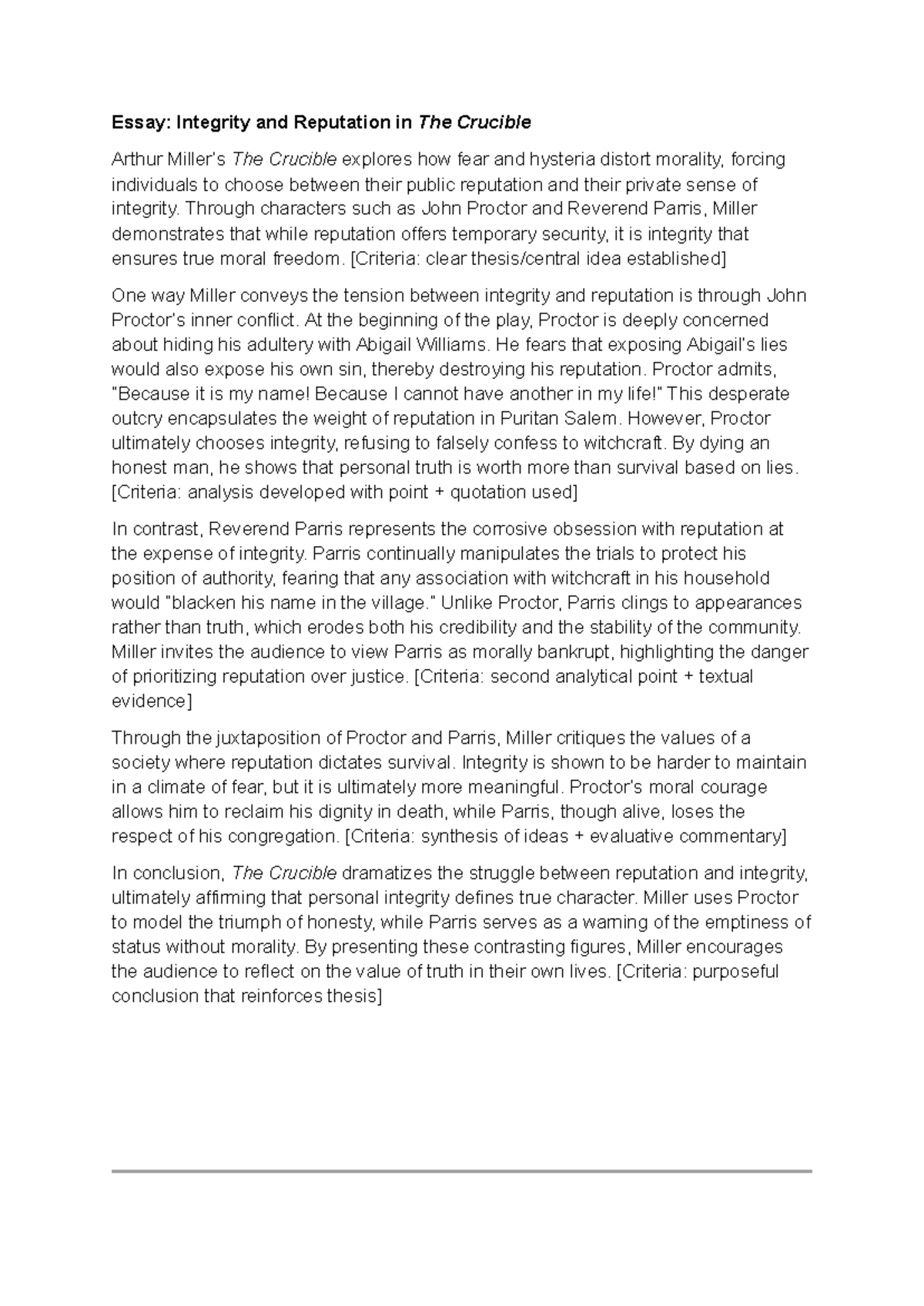 Essay Model: Integrity vs. Reputation & Social Disharmony in The ...