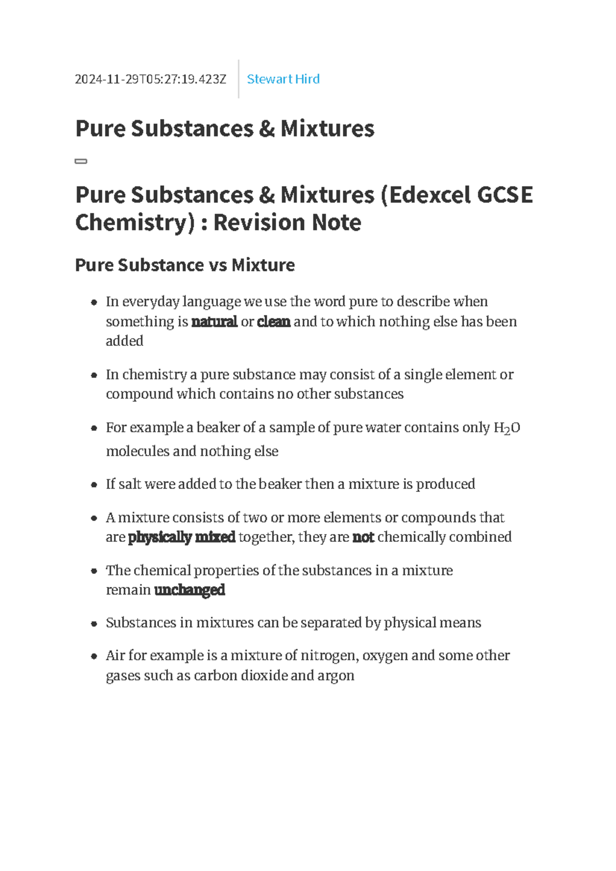 Pure Substances & Mixtures: Edexcel GCSE Chemistry Revision Notes - Studocu