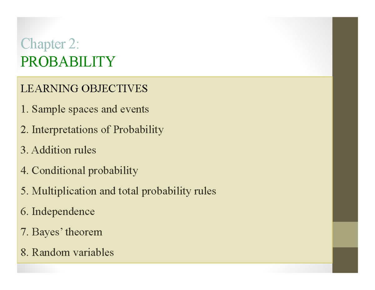 Slide-Chap2-Fall2023 - Chapter 2: PROBABILITY LEARNING OBJECTIVES 1 ...