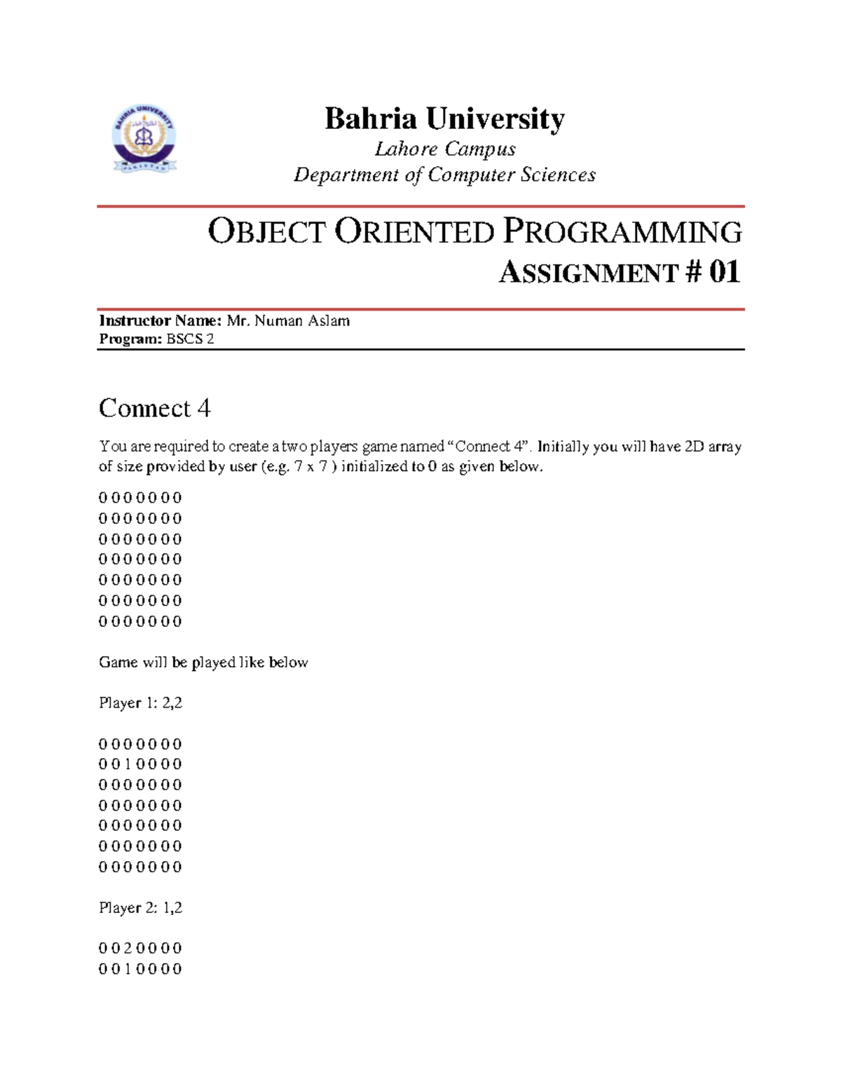 BSCS 2: Object Oriented Programming Assignment 01 - Connect 4 Game ...