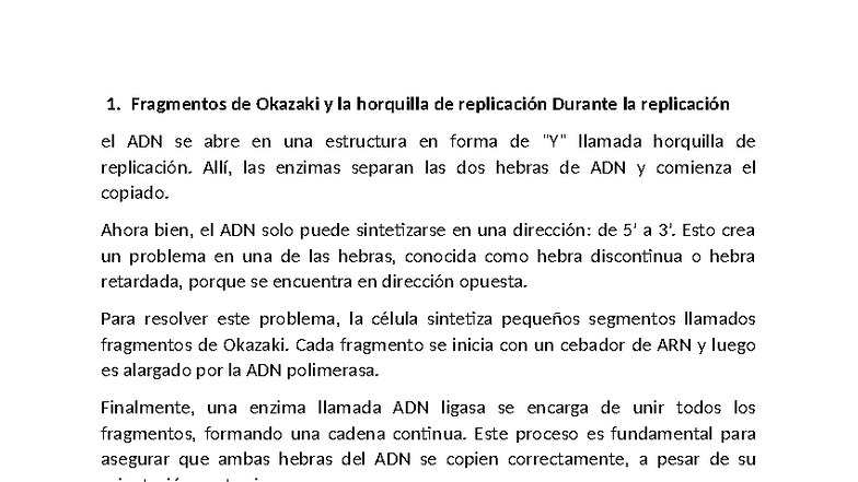 Fragmentos de Okazaki y Replicación del ADN en Biología 101 - Studocu
