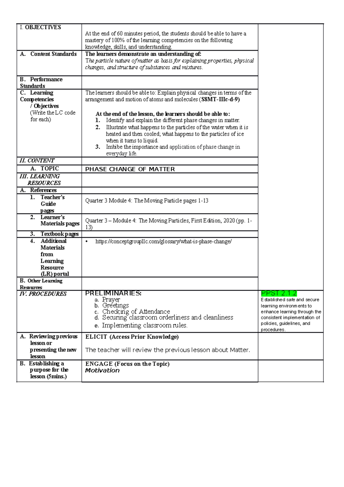 Phase Changes in Matter: Learning Competencies and Objectives - Studocu