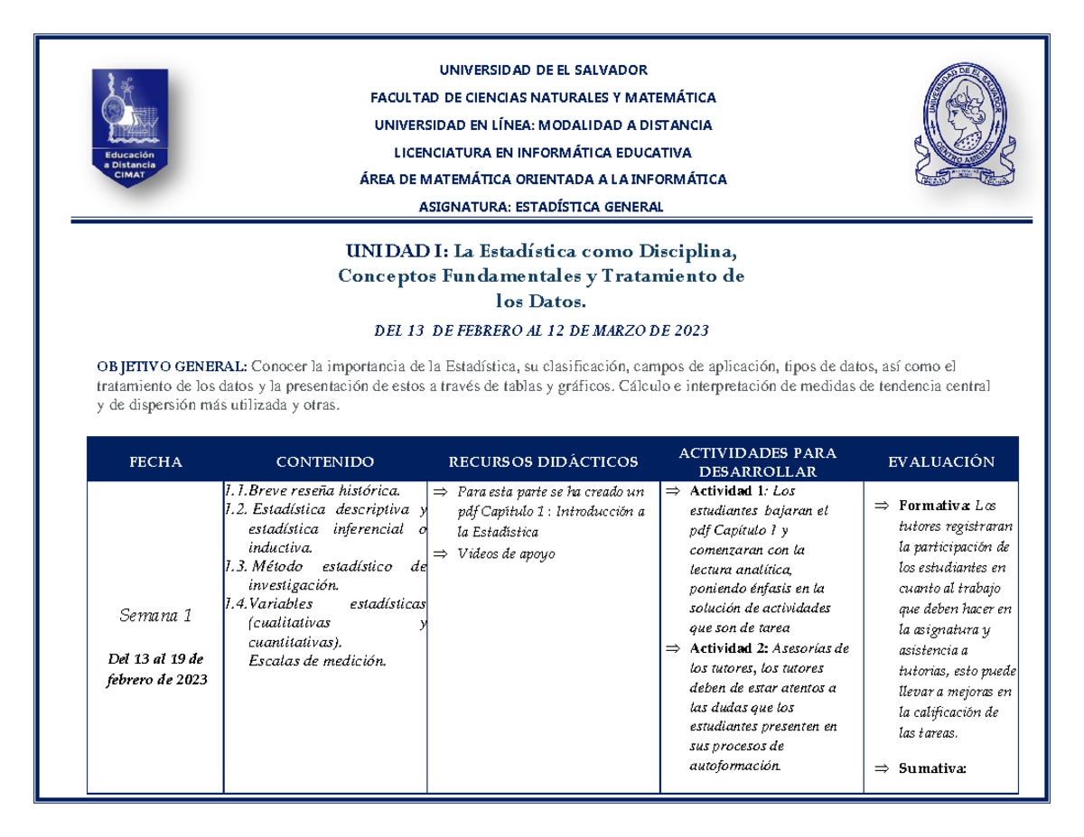 Ruta de Aprendizaje: Estadística General - Unidad I (C-I-2023) - Studocu