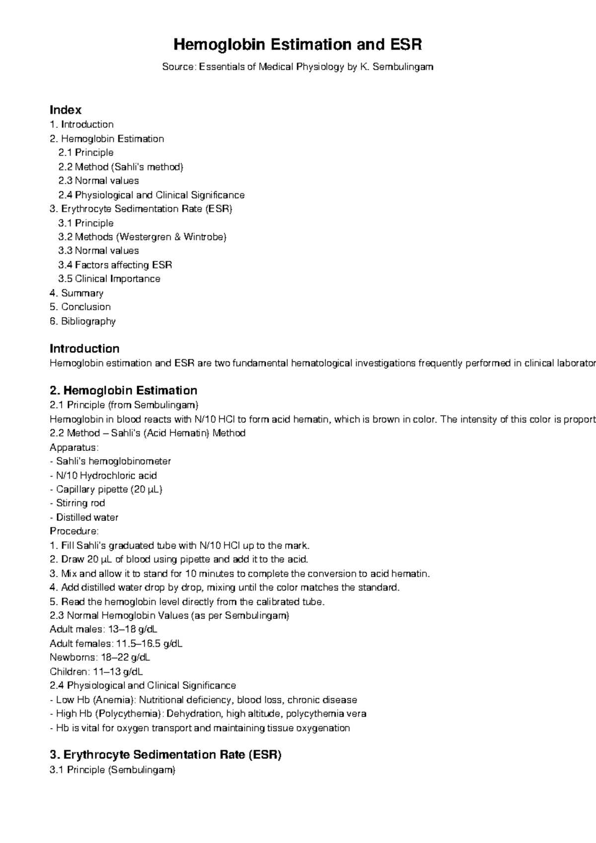 Hb Estimation & ESR Assignment (Essentials of Med Physiology) - Studocu