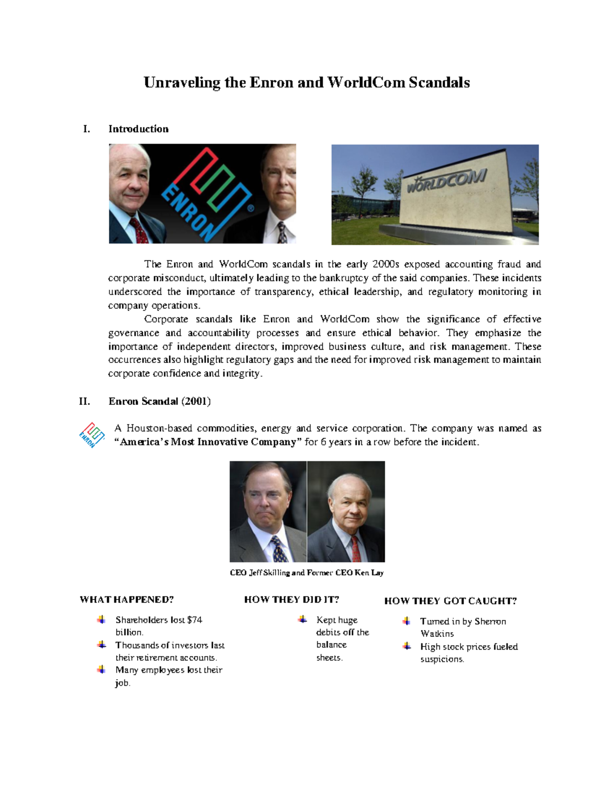 Report on Enron and Worldcom - Unraveling the Enron and WorldCom ...