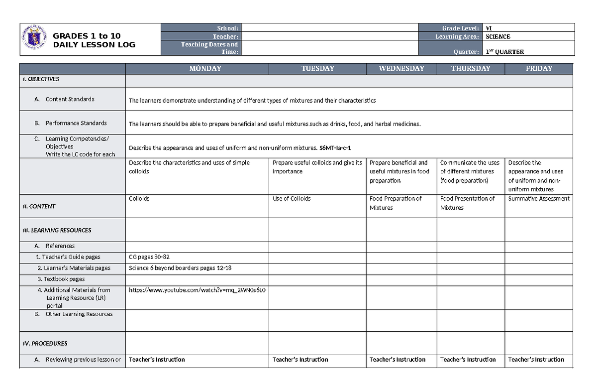 DLL Science 6 Q1 W3: Understanding Mixtures and Colloids - Studocu