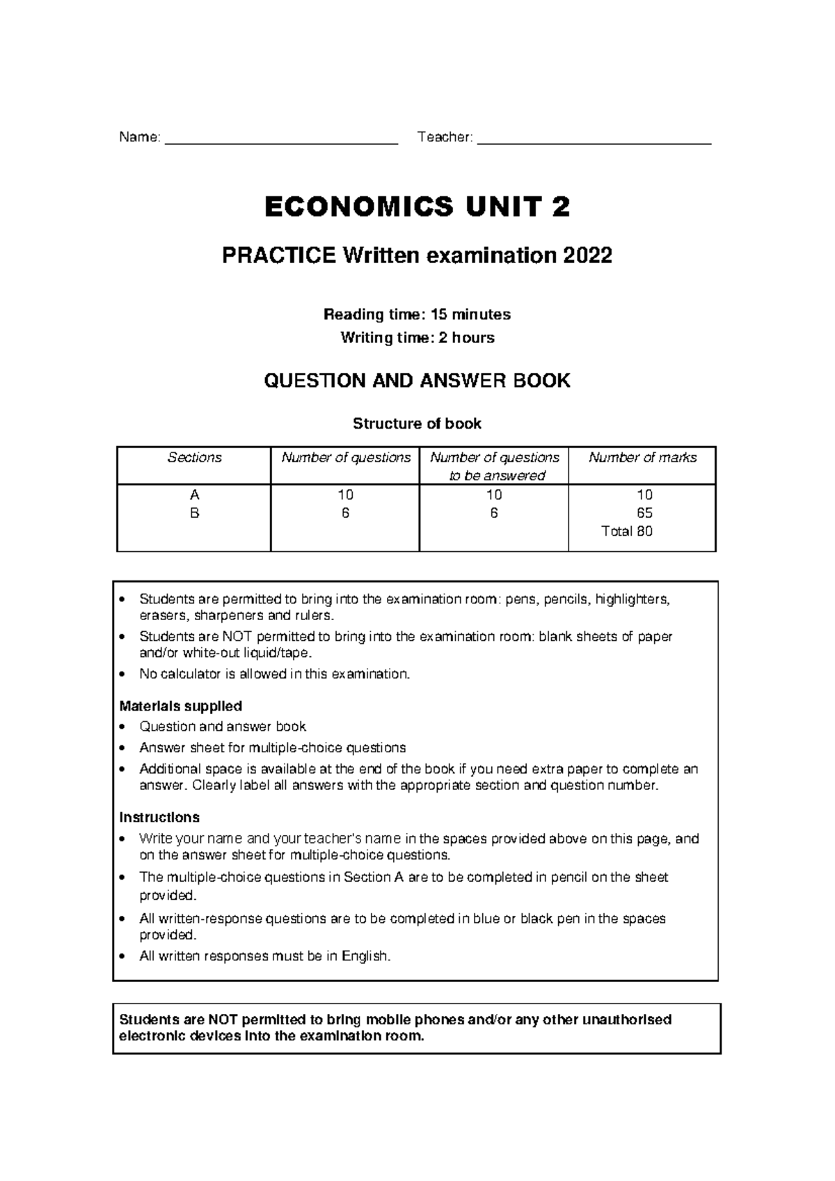 2022 ECONOMICS UNIT 2 PRACTICE EXAM & ANSWERS - Studocu