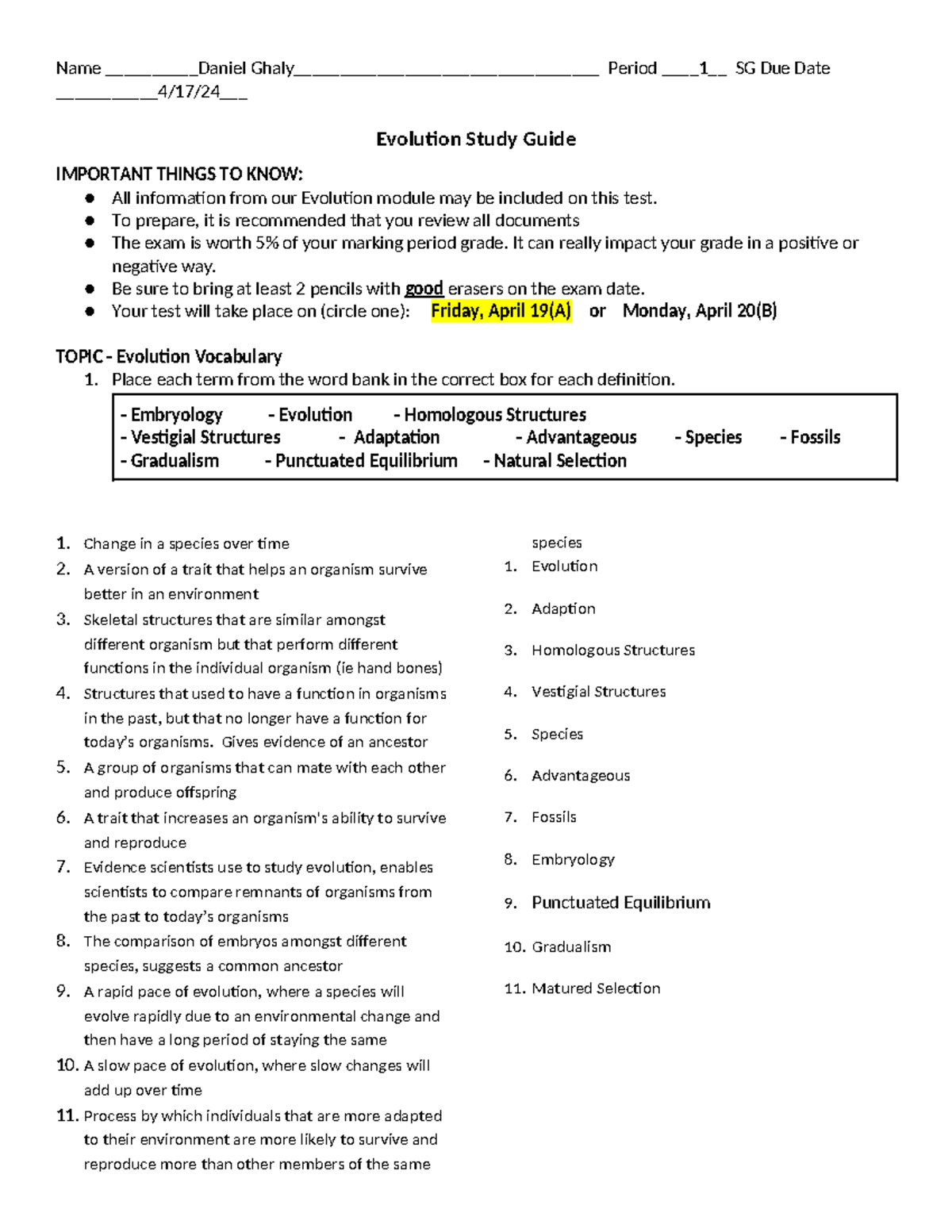 13 - Evolution Exam Study Guide 23-24 - Name Daniel Ghaly ...