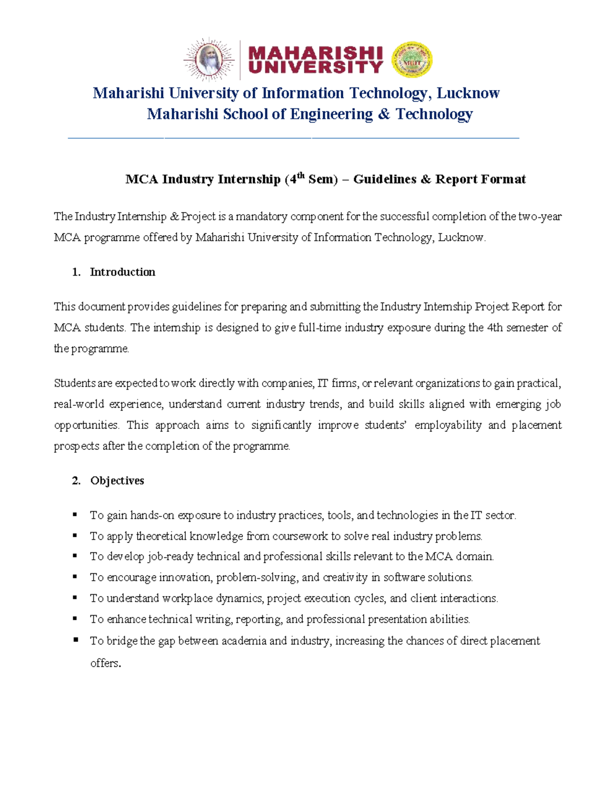 MCA Industry Internship Guidelines Report Format - Aug 2025 - Studocu