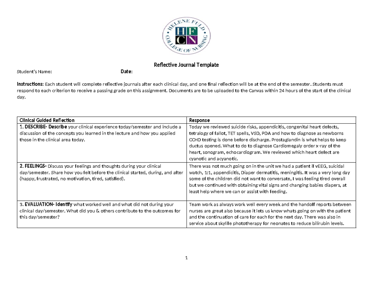 Week 13 Peds - Clinical Reflection Journal Template - Studocu
