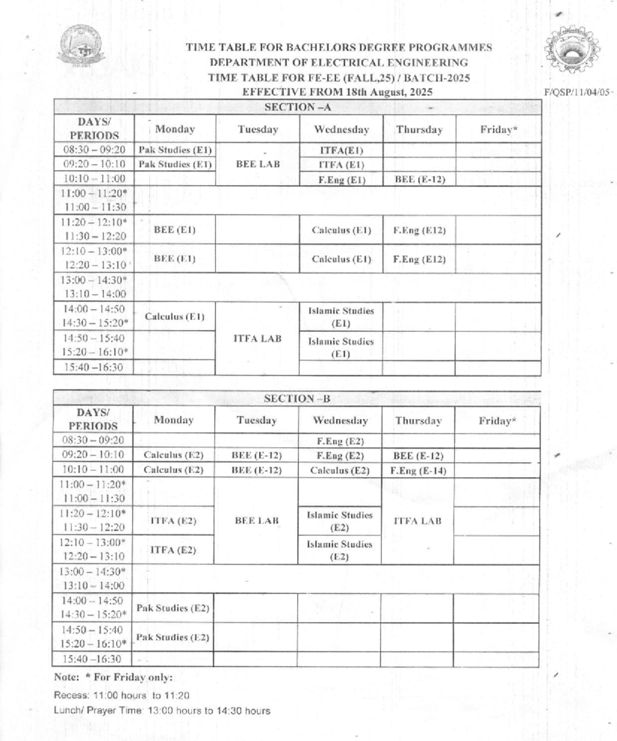 UG Time Table for Bachelors in Electrical Engineering (FALL, 25) - Studocu